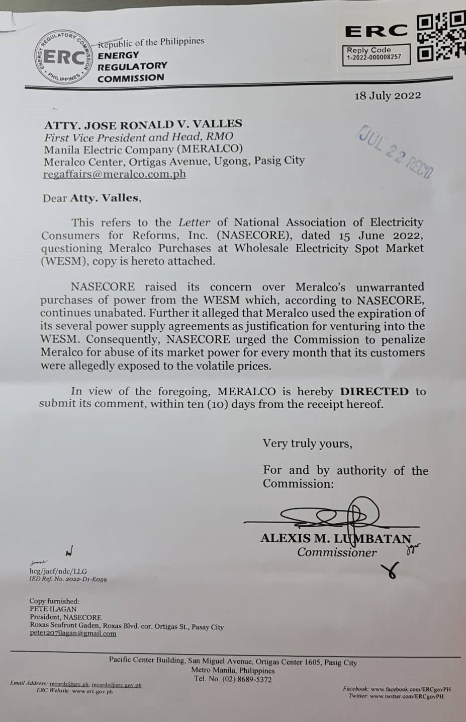 ERC directed Meralco to Response to NASECORE's Letter Questioning ...